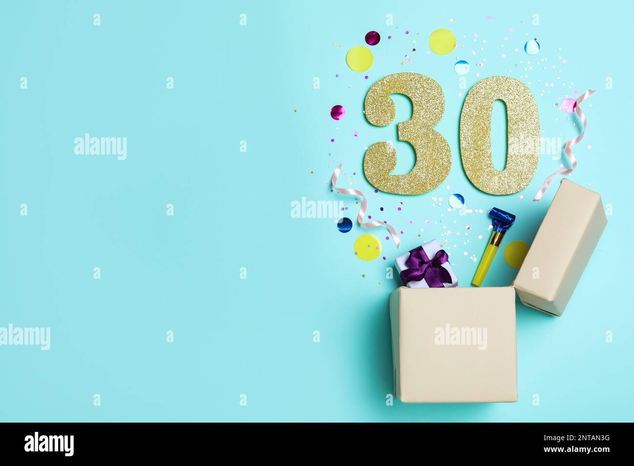 Flat lay composition with decor and numbers on light blue background ...