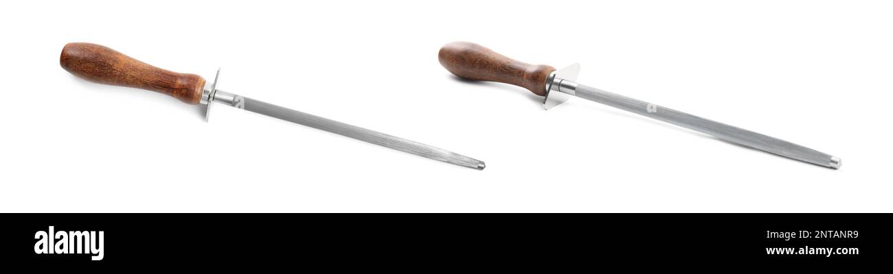 Sharpening steel for knife on white background, collage. Banner design ...