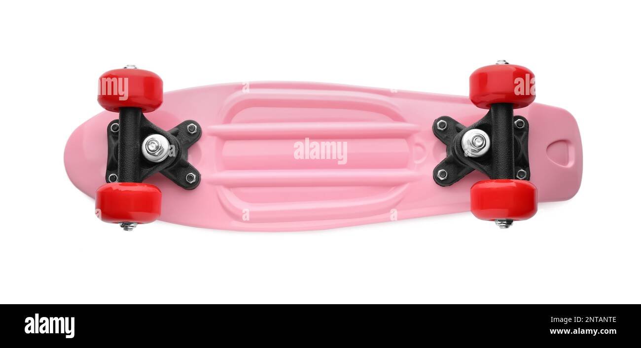 Pink skateboard with red wheels isolated on white, top view. Sport ...