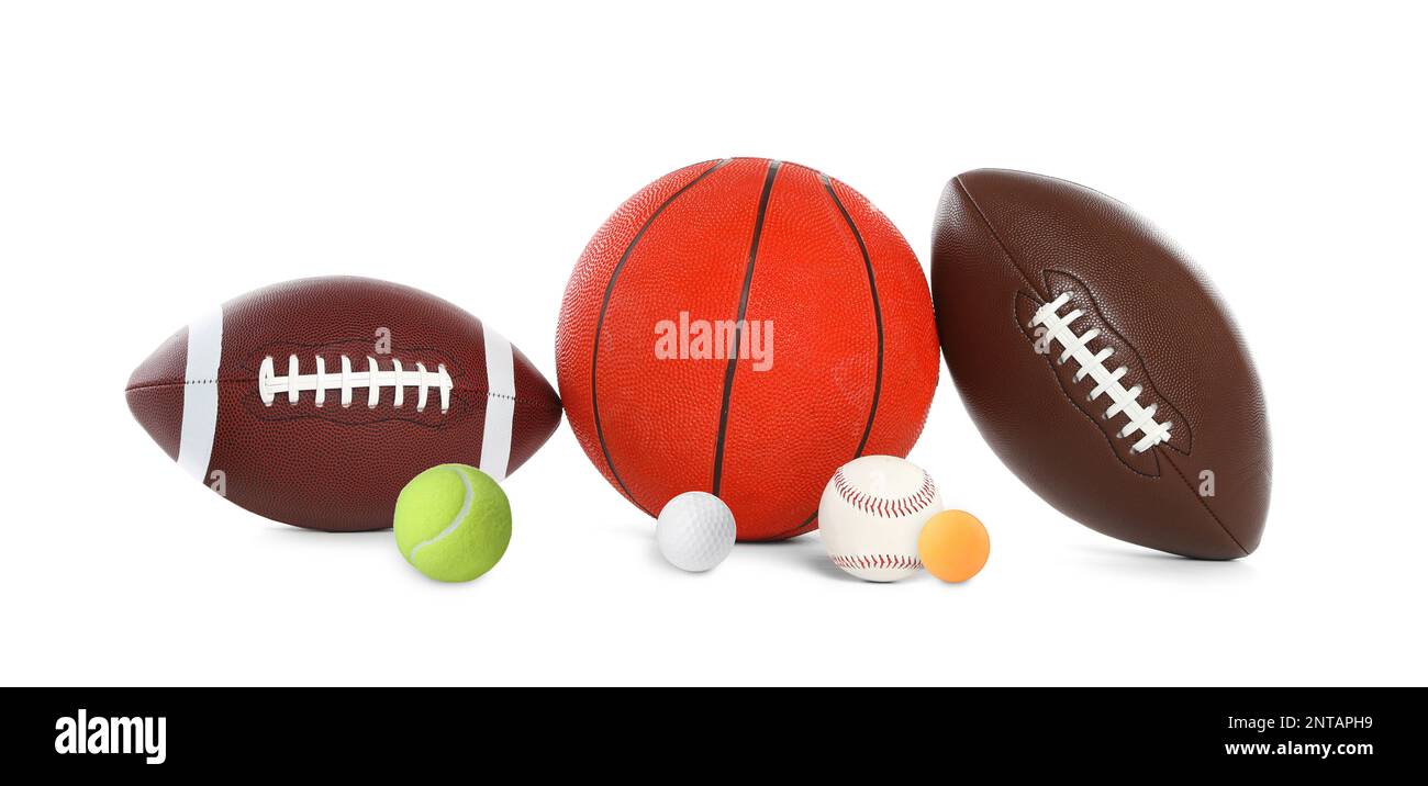 Group of different sport balls on white background Stock Photo - Alamy