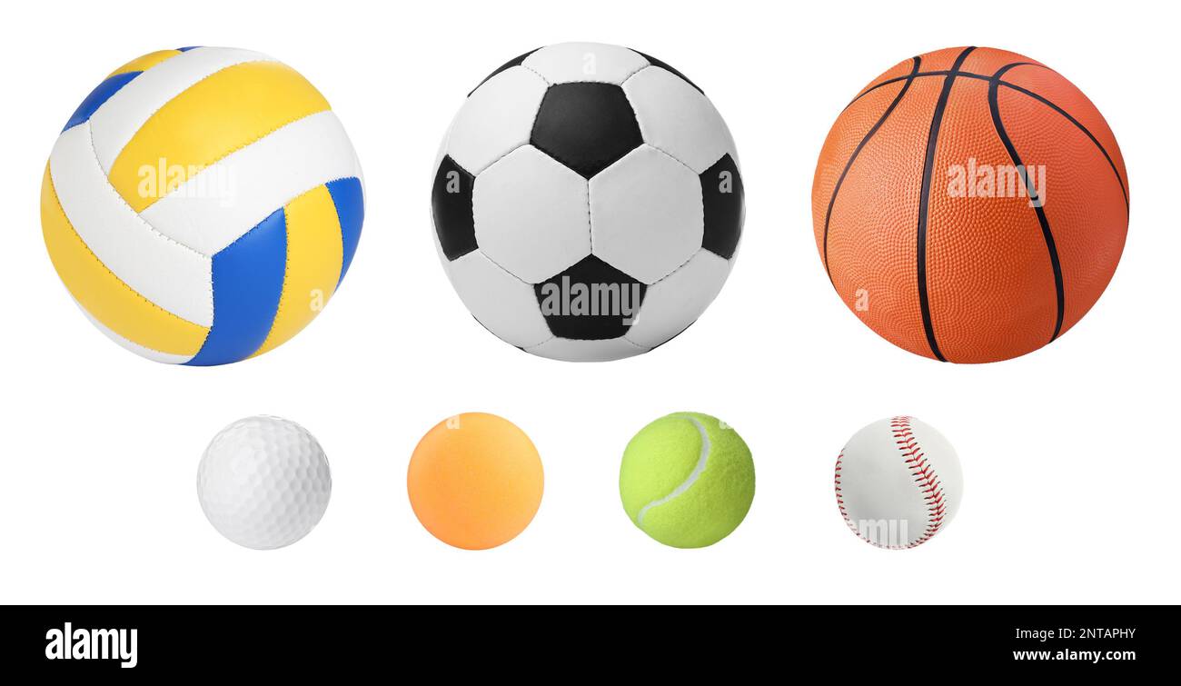 Set with different sport balls on white background Stock Photo - Alamy