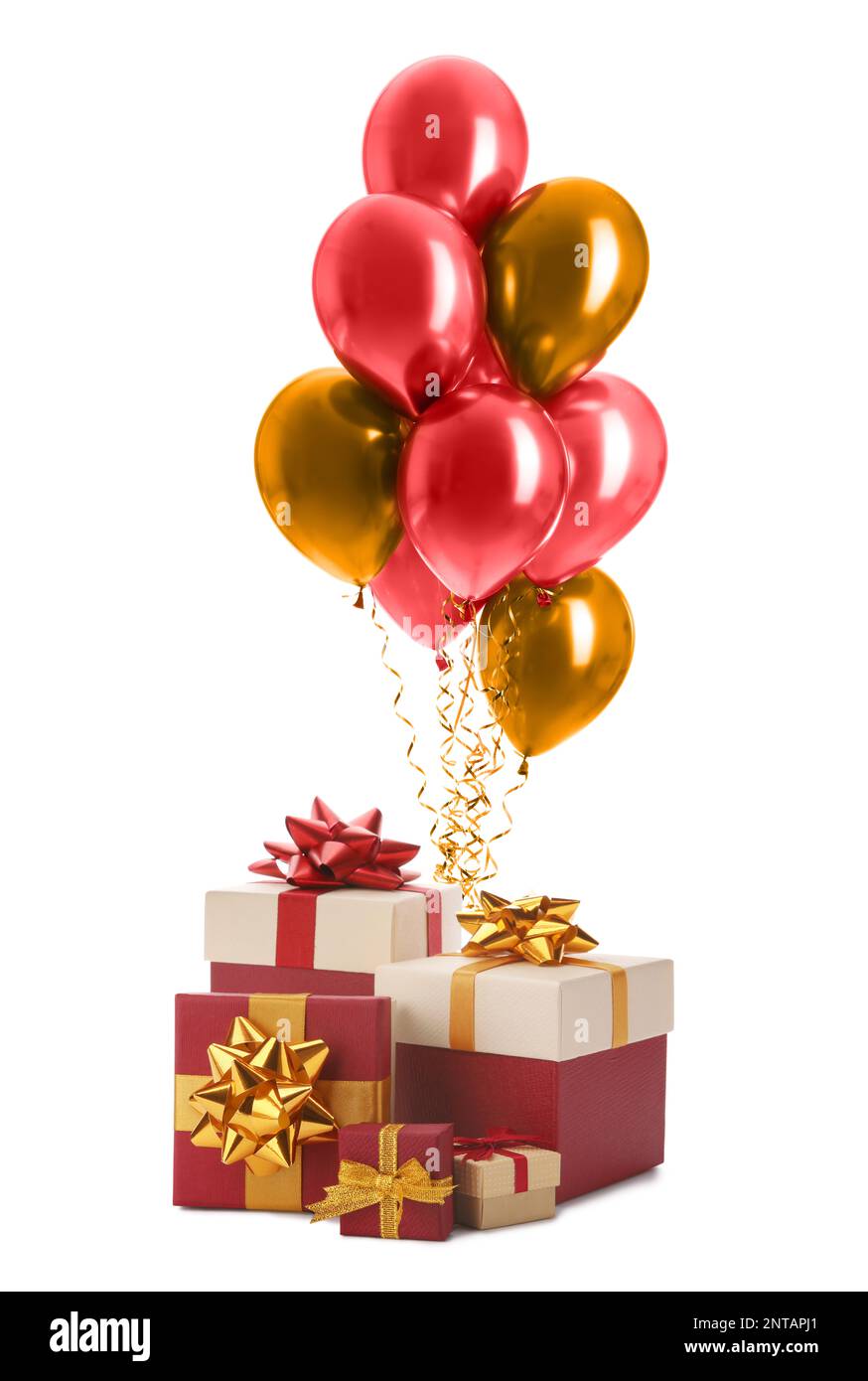 Bunch of color balloons and beautiful gift boxes on white background ...