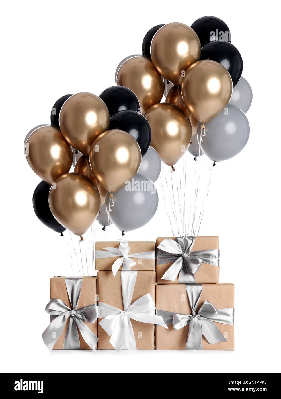 Bunch of color balloons and beautiful gift boxes on white background ...