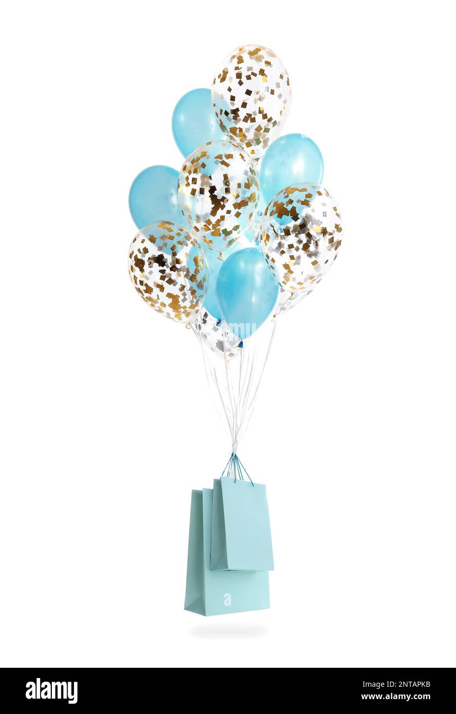 Bunch of color balloons and light blue paper bags on white background ...