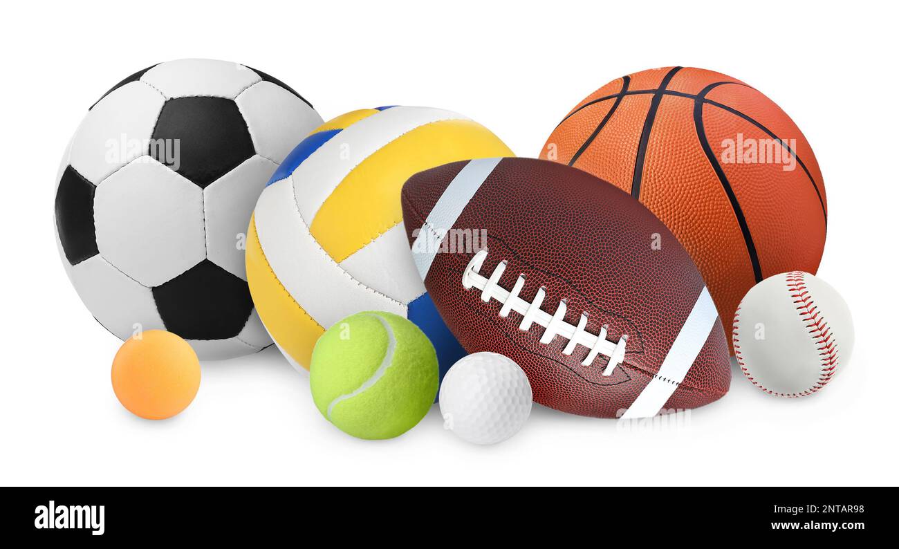 Group of different sport balls on white background Stock Photo - Alamy