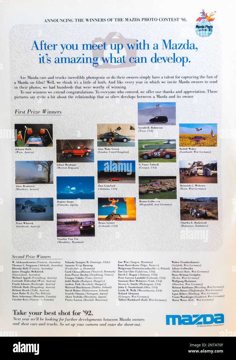 Mazda photo contest advert in a NatGeo magazine, December 1990 Stock ...