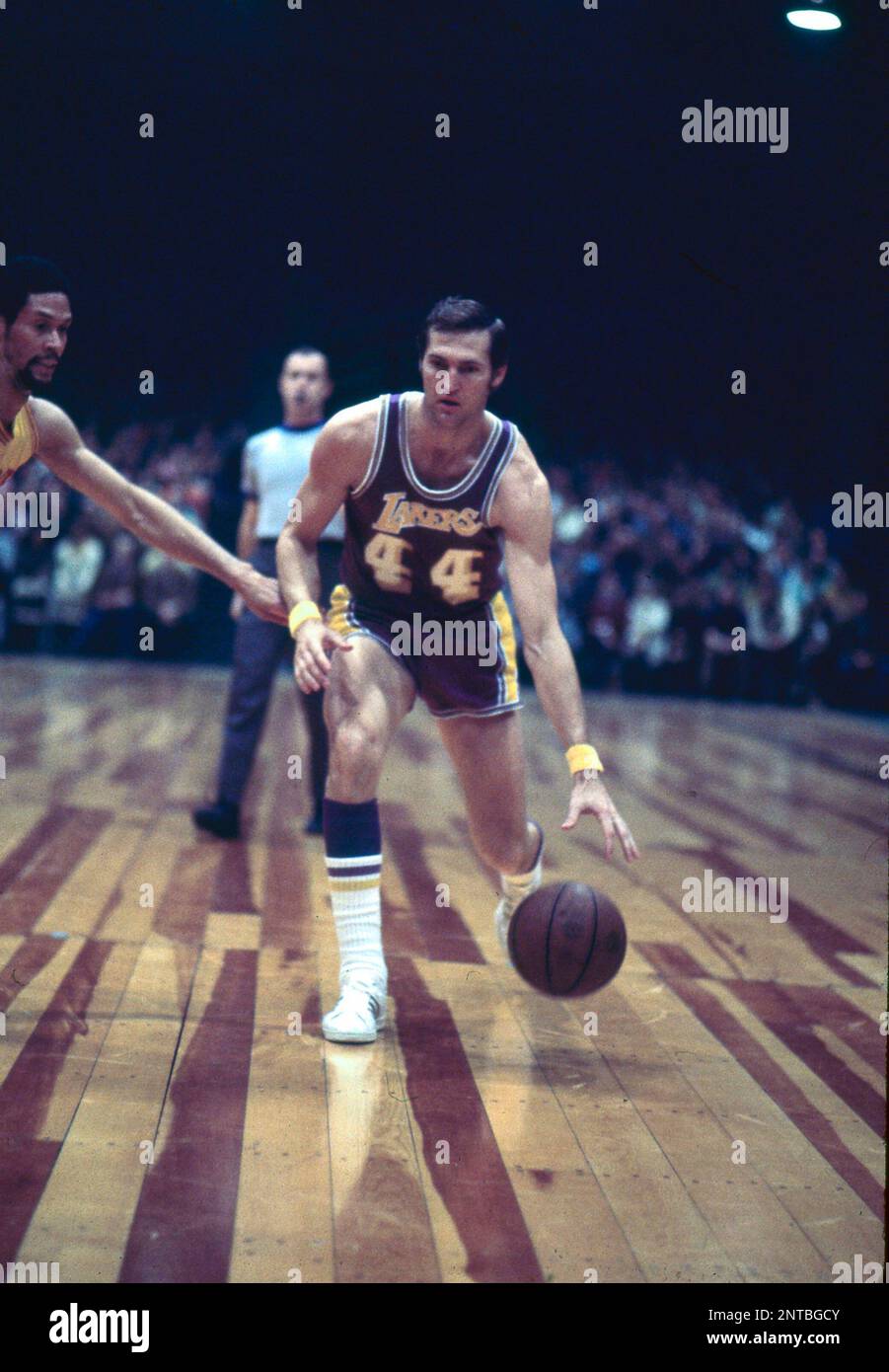 Los Angeles Lakers point guard Jerry West is seen in action circa 1972 ...