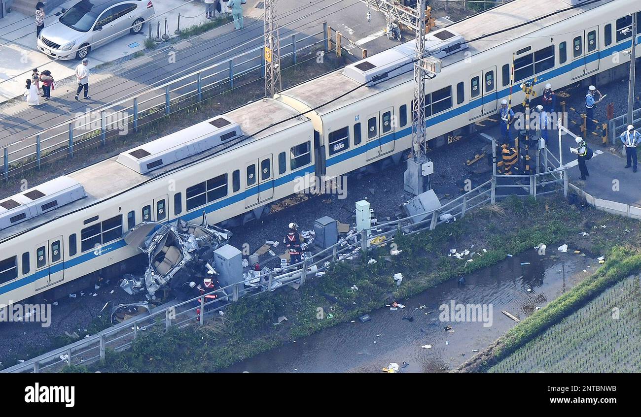 An aerial photo shows an electric train on the Odakyu Odawara line ...
