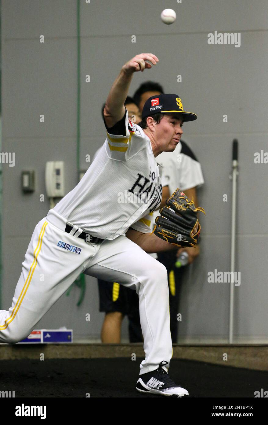 Newly joined SoftBank Hawks pitcher Carter Stewart hurls a ball during ...