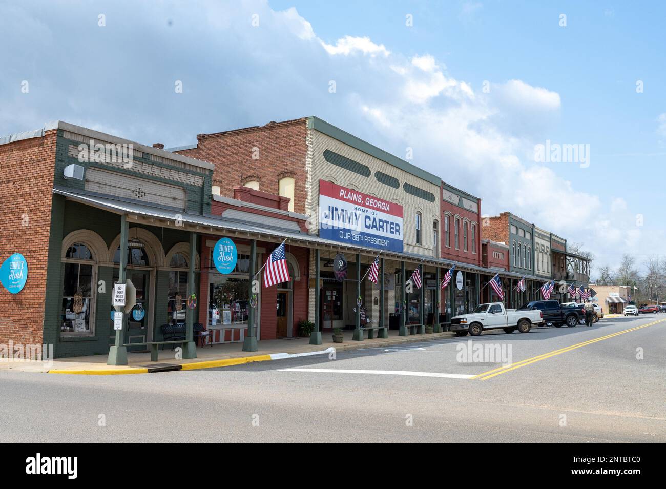 Plains, United States. 27th Feb, 2023. American Flags hang along Main ...