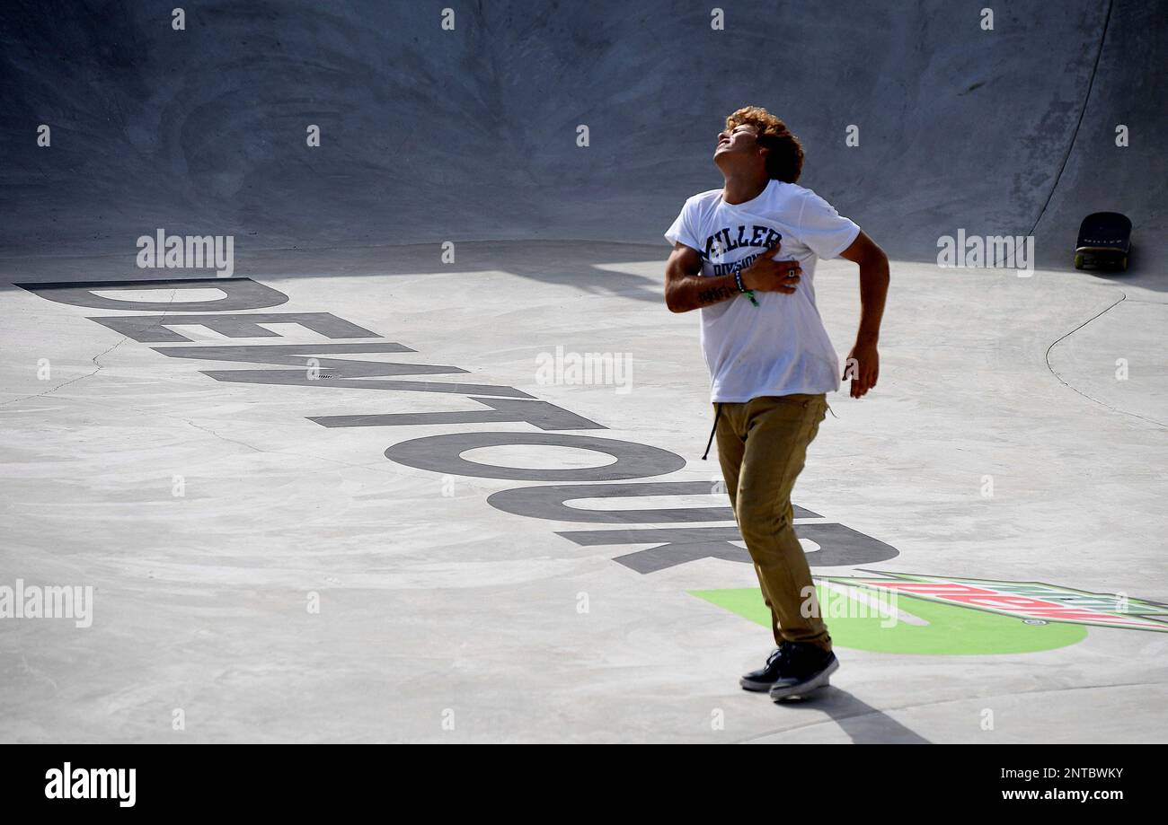 Jamie Mateu of Spain falls in the Men's Park Skateboard Final during ...