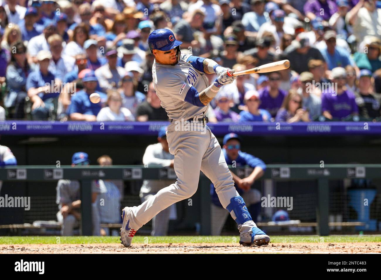 Chicago Cubs shortstop Javier Baez (9) swings at the pitch in a game ...