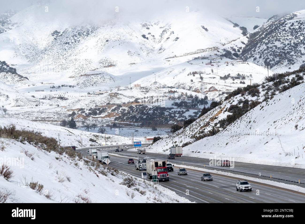 Snow surrounds the I-5 freeway through Gorman, Calif., Monday, Feb. 27 ...