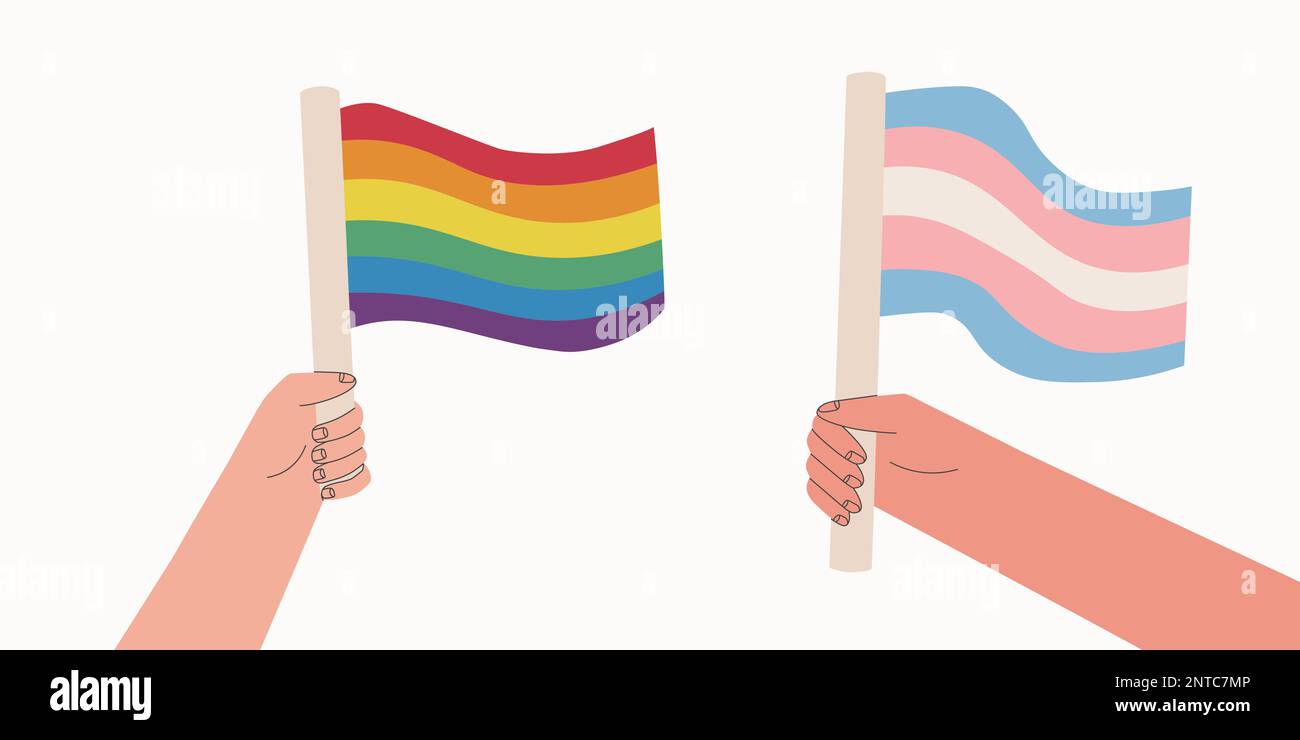 LGBT and transgender flags. Two hands holding flags are symbols of the ...