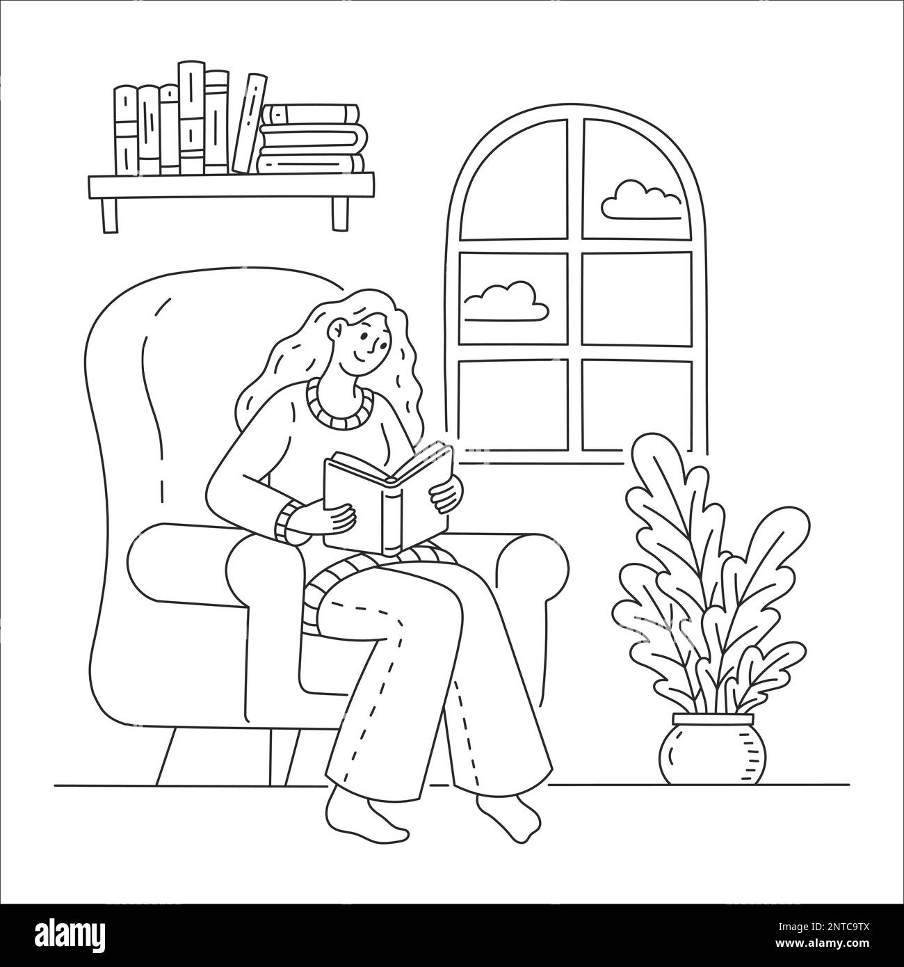Girl reading book doodle illustration including young woman sitting in ...