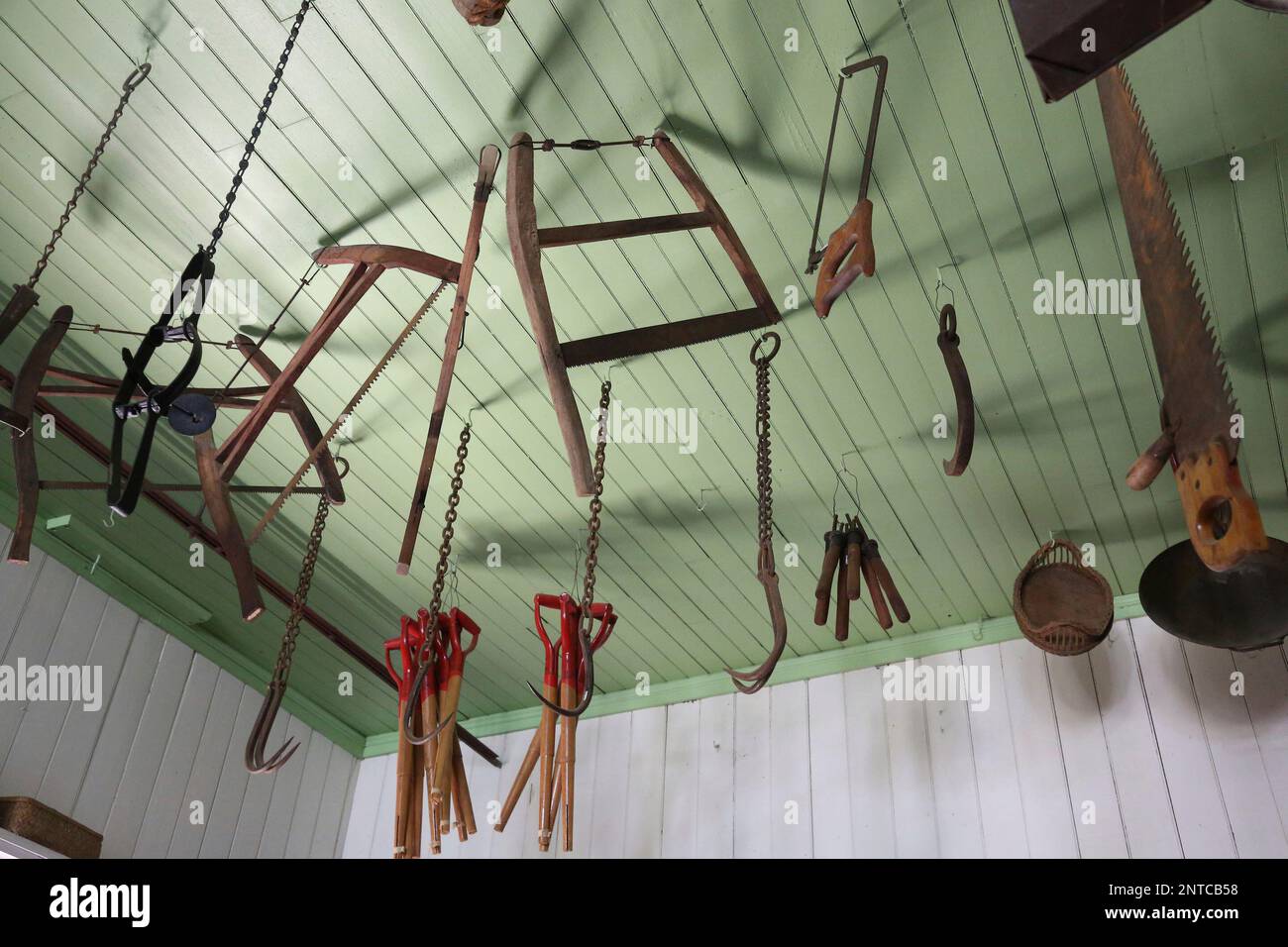 Hay hooks and saw blades hang from the ceiling of the restored McKilligan and Mobley General ...