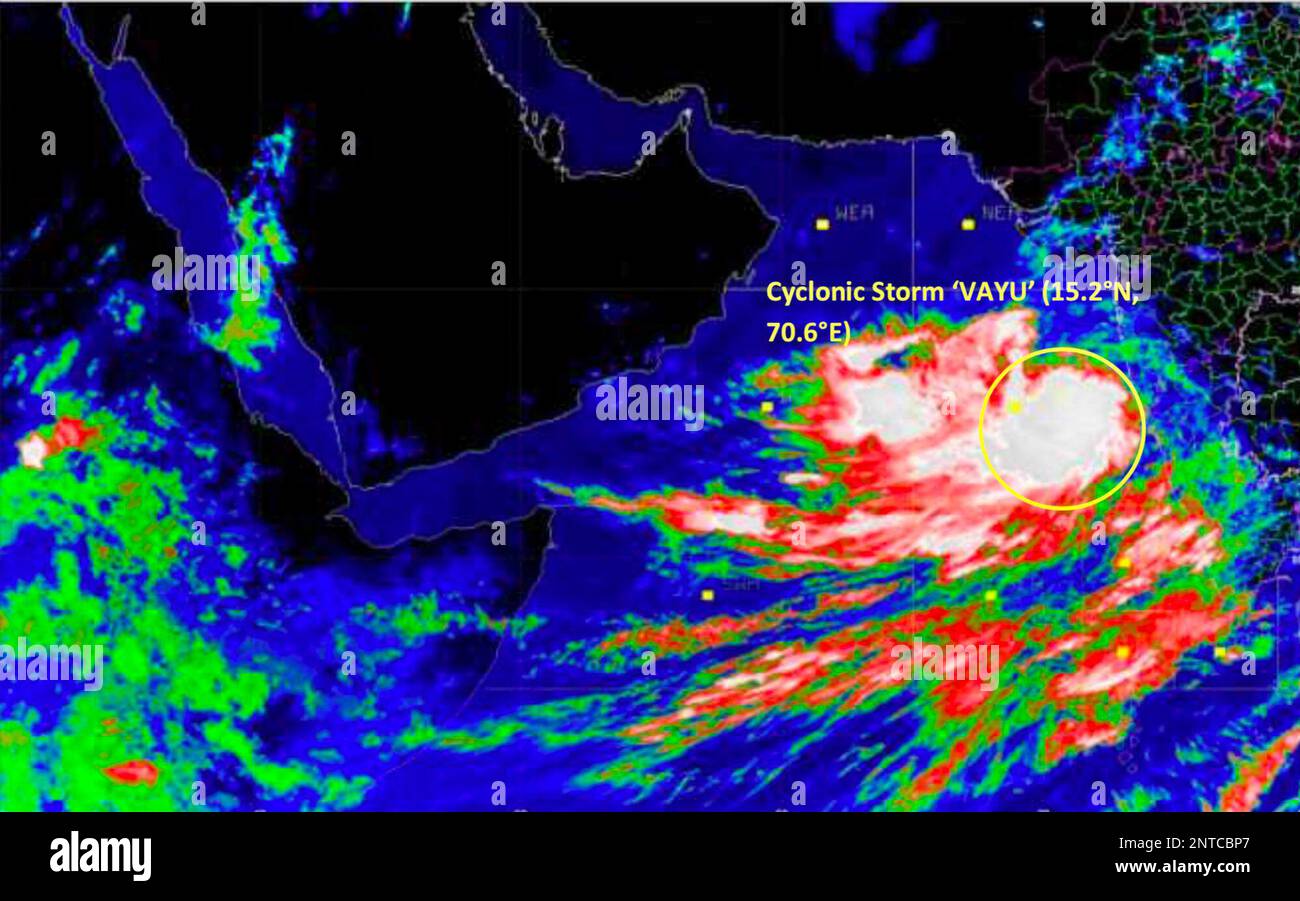 This satellite image provided by the India Meteorological Department (IMD) shows Cyclone Vayu ...