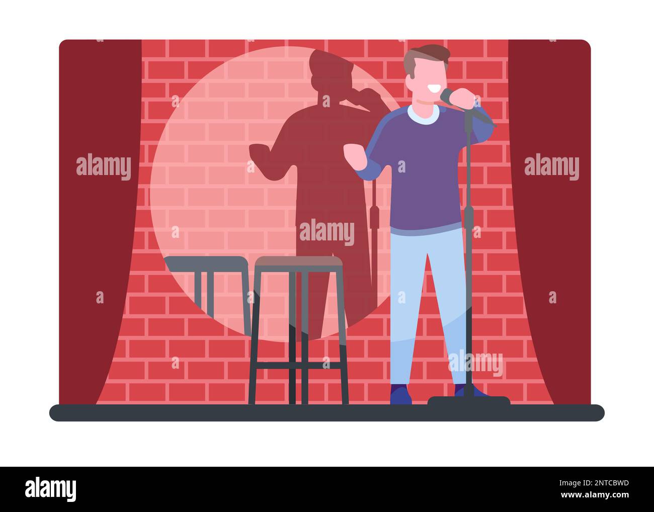 Man comedian with microphone performs stand up. Comedy show. Mic and spotlight. Brick wall ...