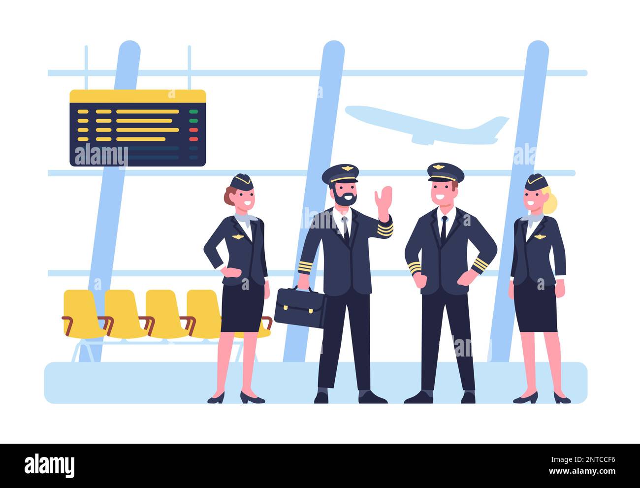 Crew pilots and stewardesses stand in airport building. Airplane ...