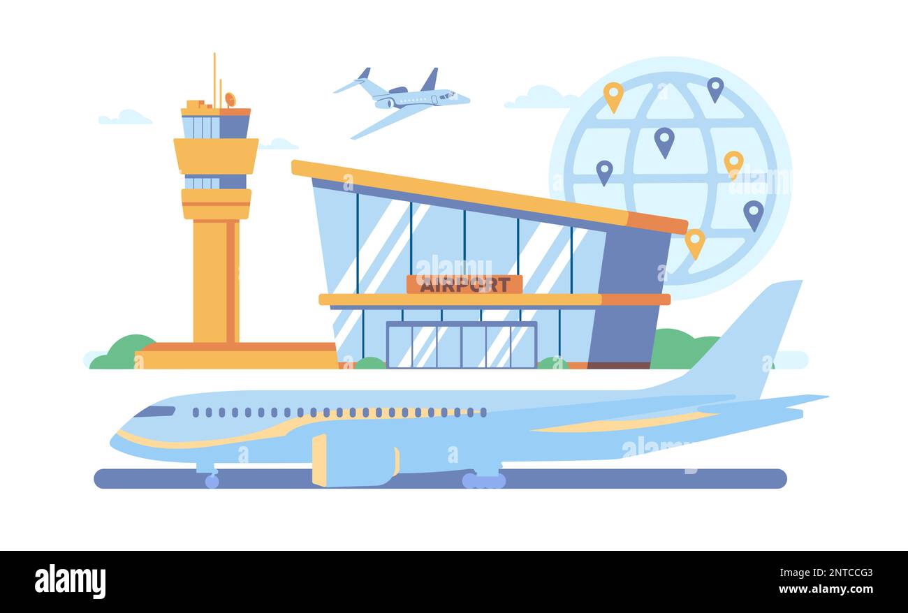 International airport building and runway with airplane. Travel by plane. Air transportation ...