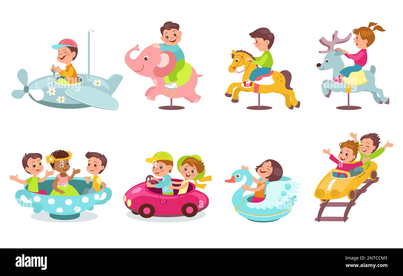 Kids in amusement park. Children ride on different carousels. Happy ...