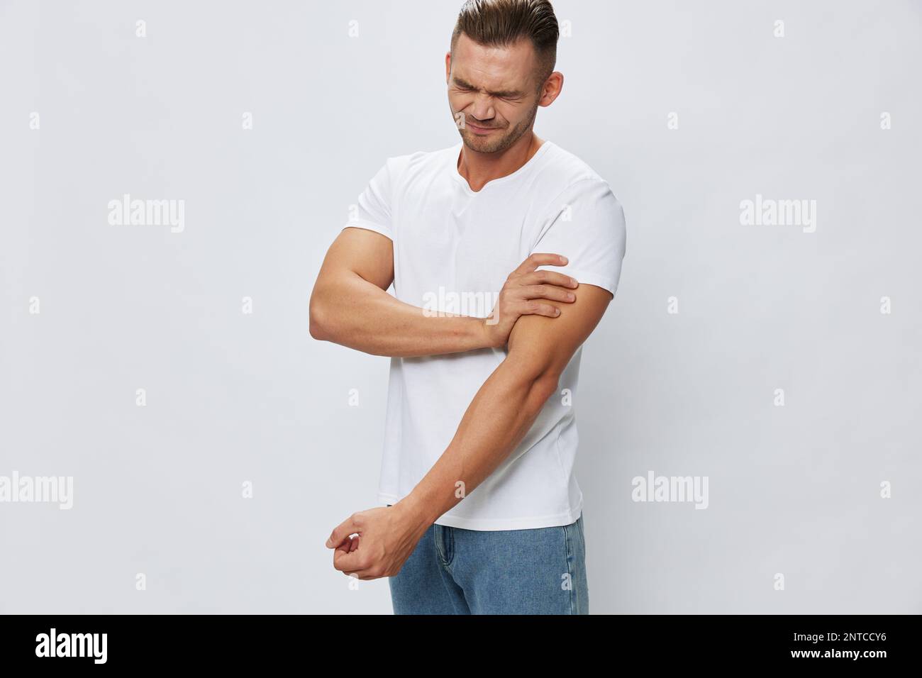 Man arm pain, muscle and ligament sprain in sports, inflammation and ...