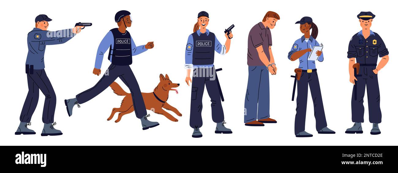 Cartoon police officers. Professional characters in uniforms. Men and ...