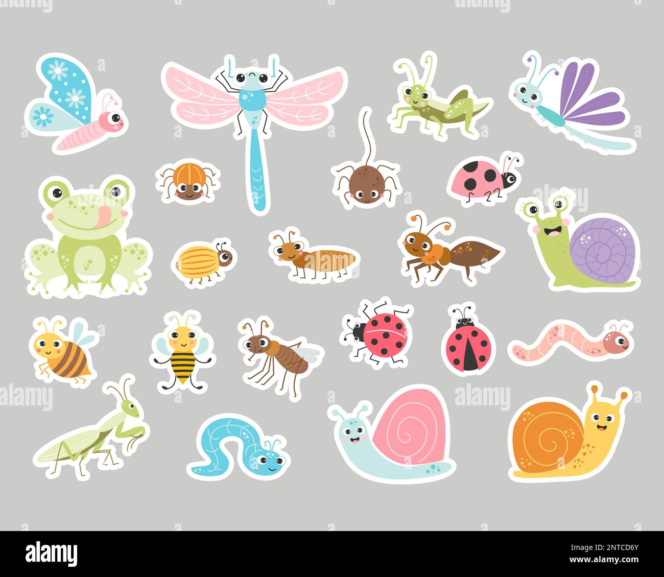 Big collection of stickers of cute insects. Funny decorative characters ...
