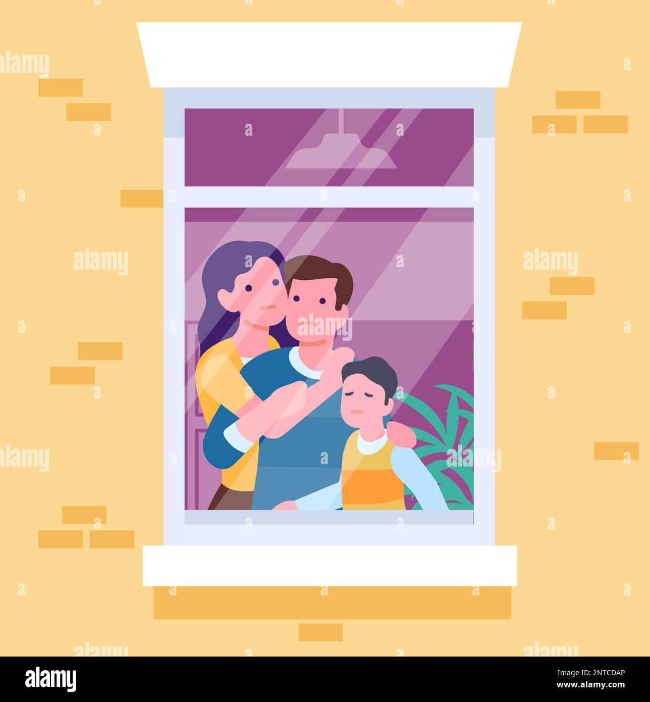 Family in quarantine look out window of house. Hugging parents and kid ...