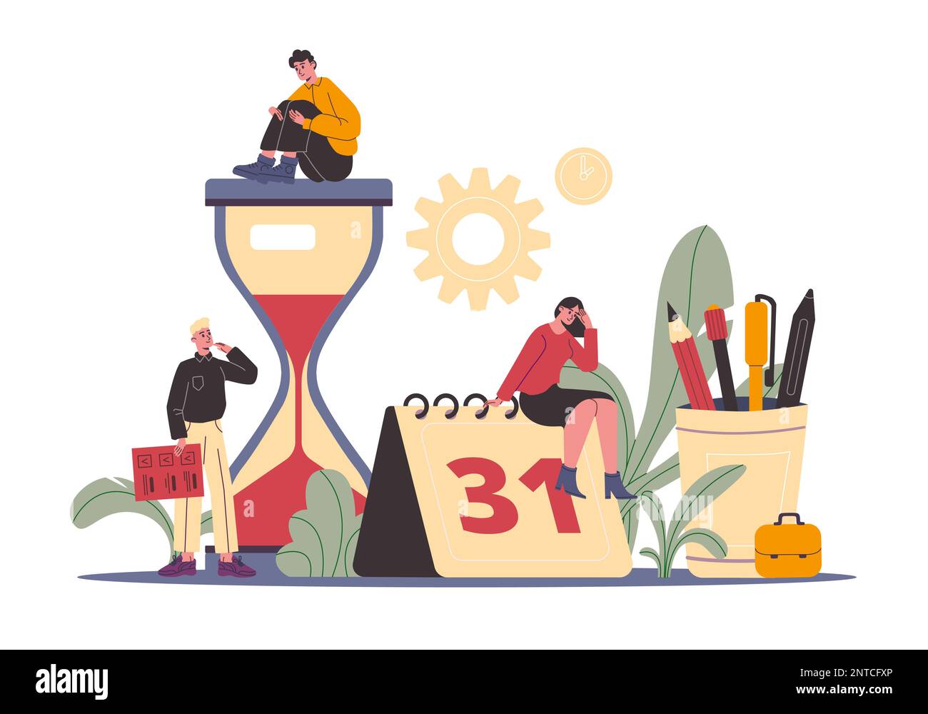 Time management. People group trying to plan work schedule. Thoughtful ...