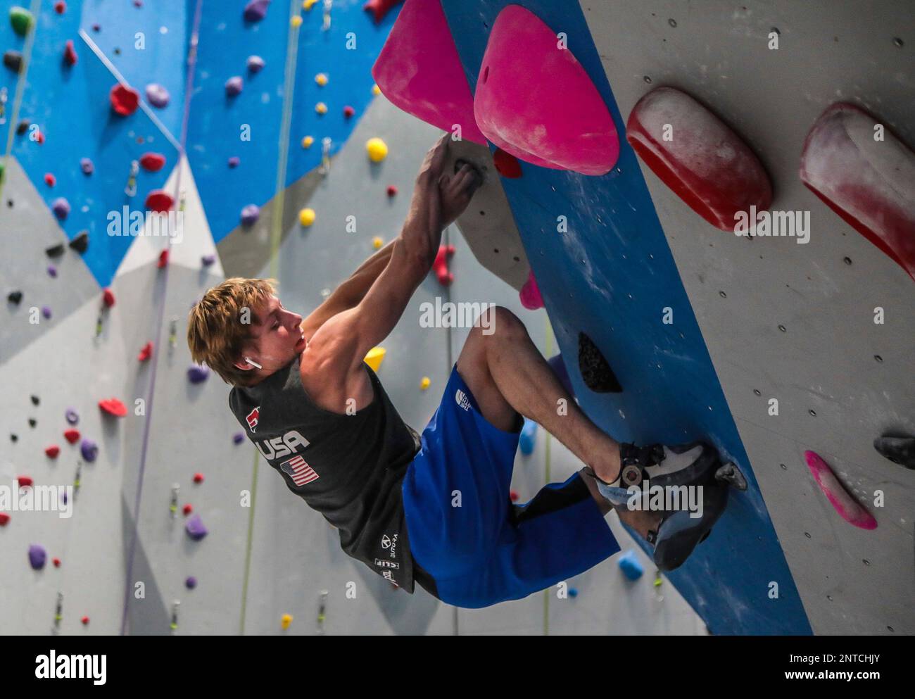 USA Climber Drew Ruana attempts a route at the Eagle Climbing and ...
