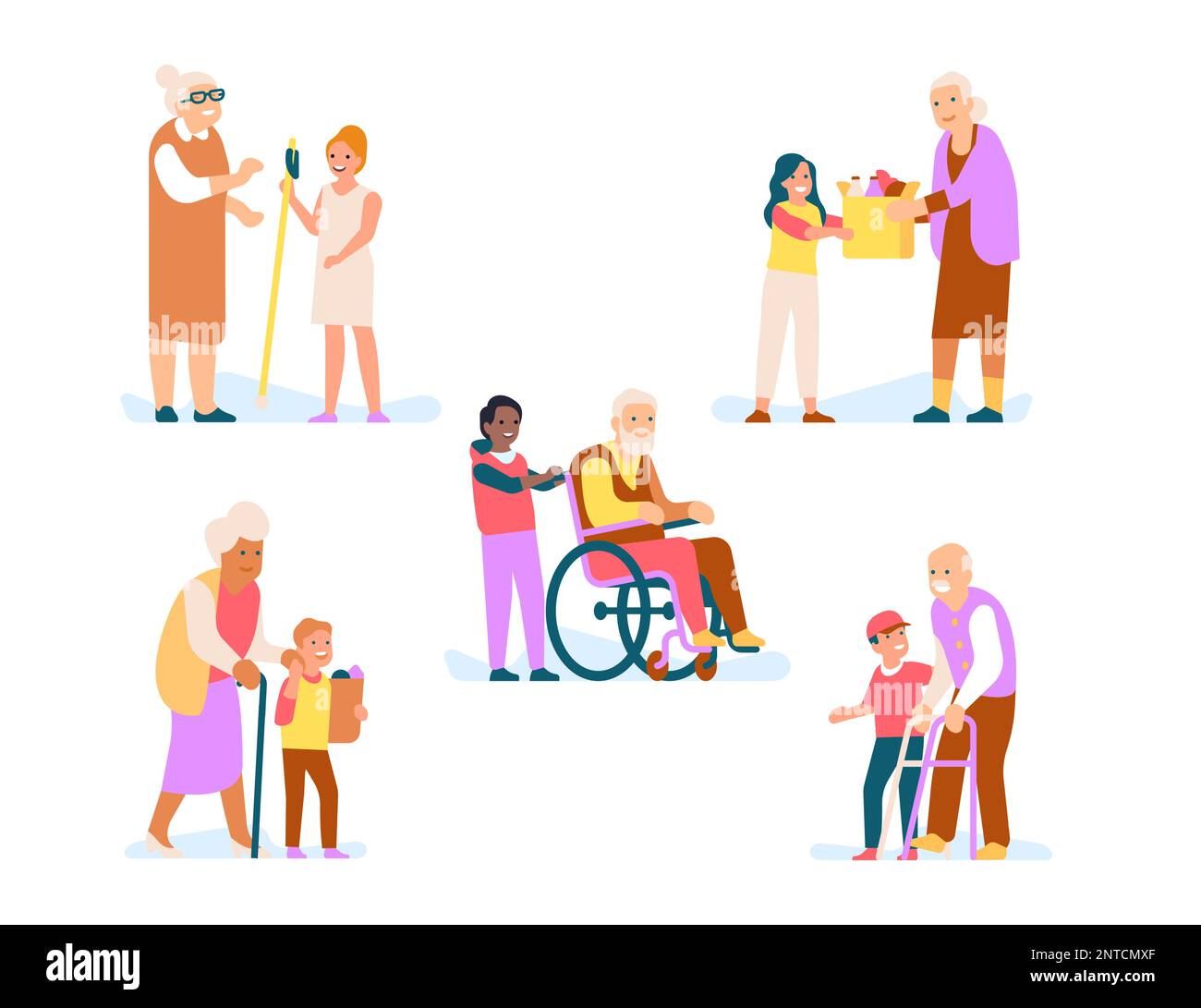 Good kids help old people with daily routines. Senior men and women ...