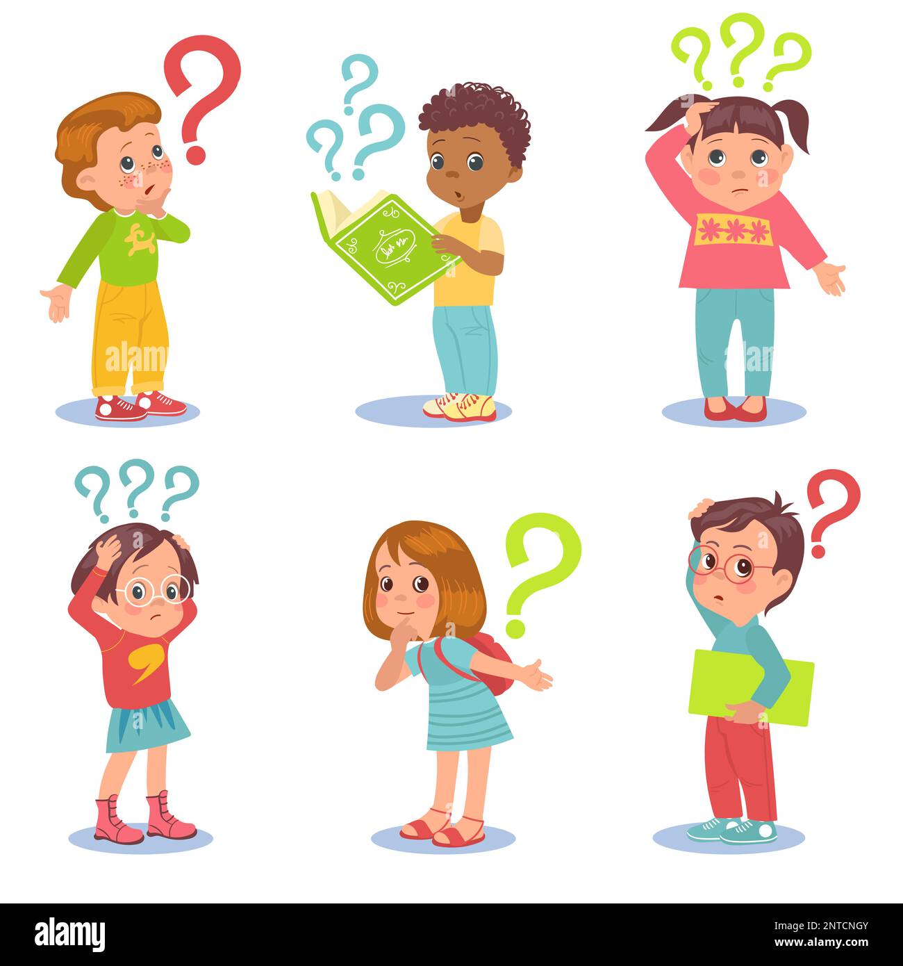 Kids with question. Little inquisitive girls or boys. Thoughtful ...