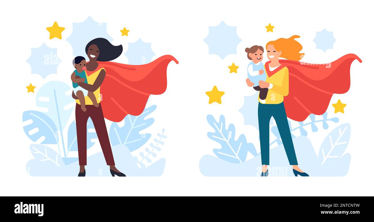 Super mom with baby in her arms. Happy parents with children. Superhero ...