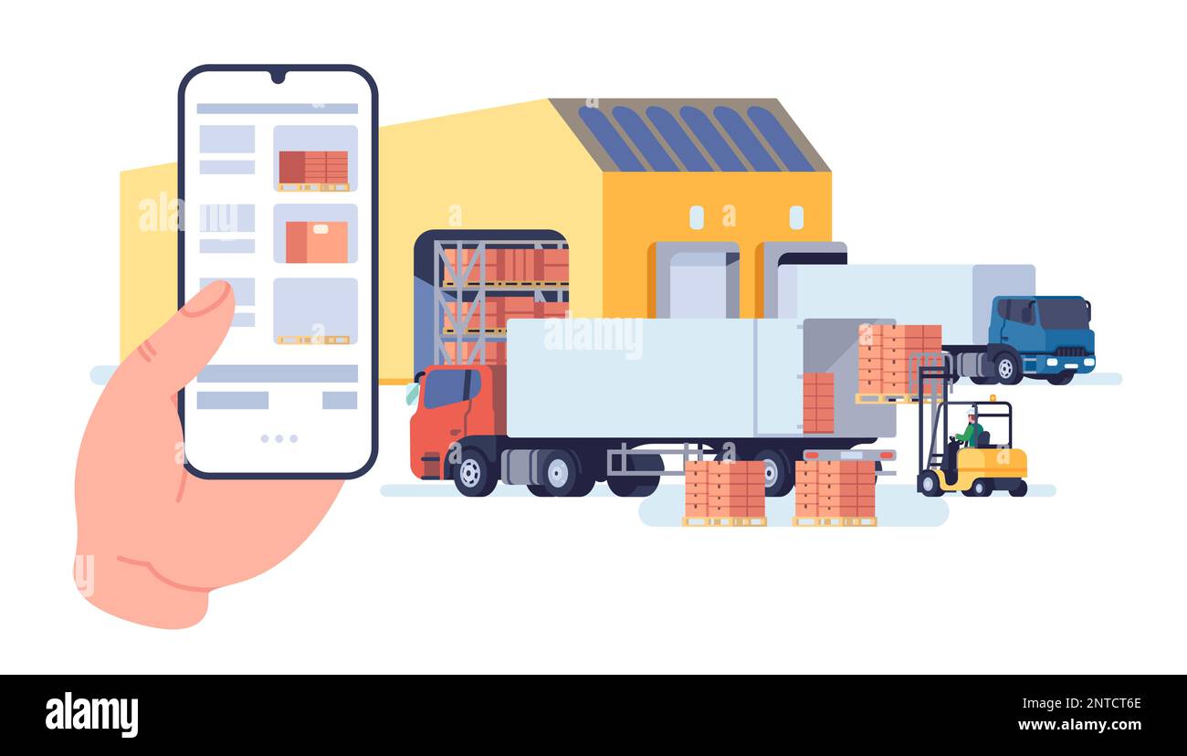 Warehouse with trucks and cargo crates. Storehouse shipping control ...