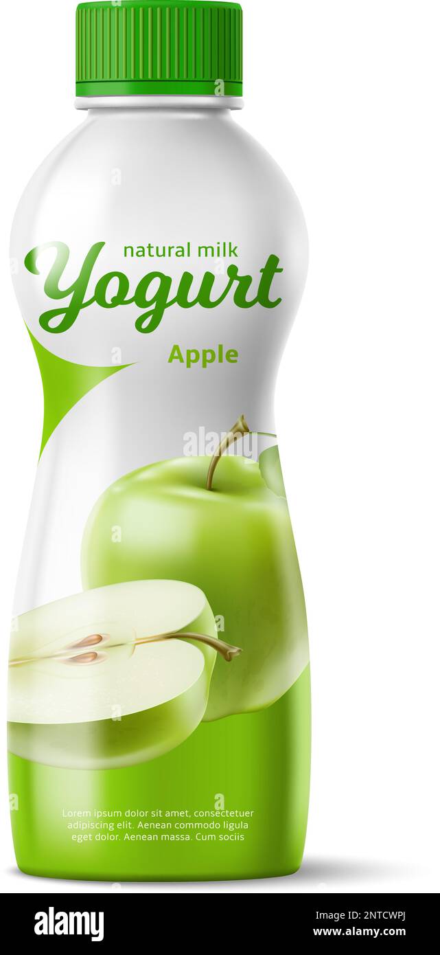 Realistic drinking yogurt bottle. Dairy product. Juicy green apple ...
