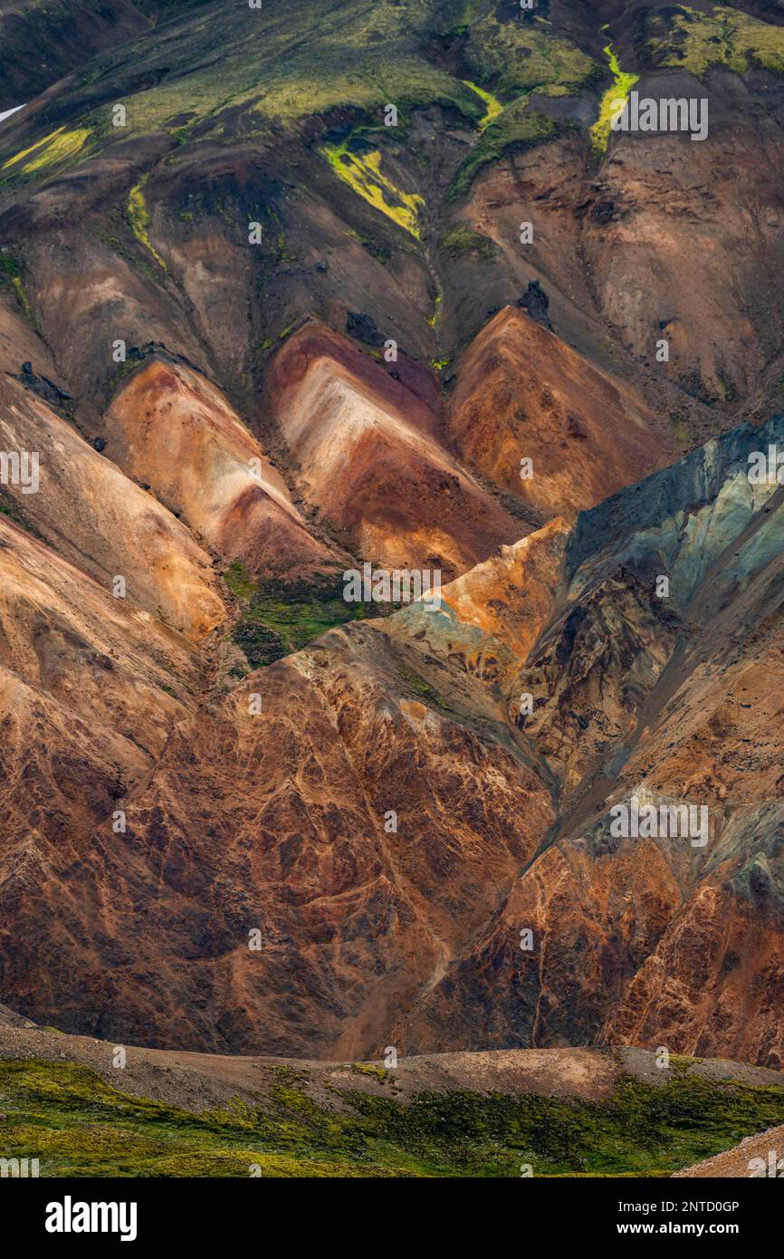 Colourful moss-covered rhyolite mountains, volcanic landscape, erosion ...