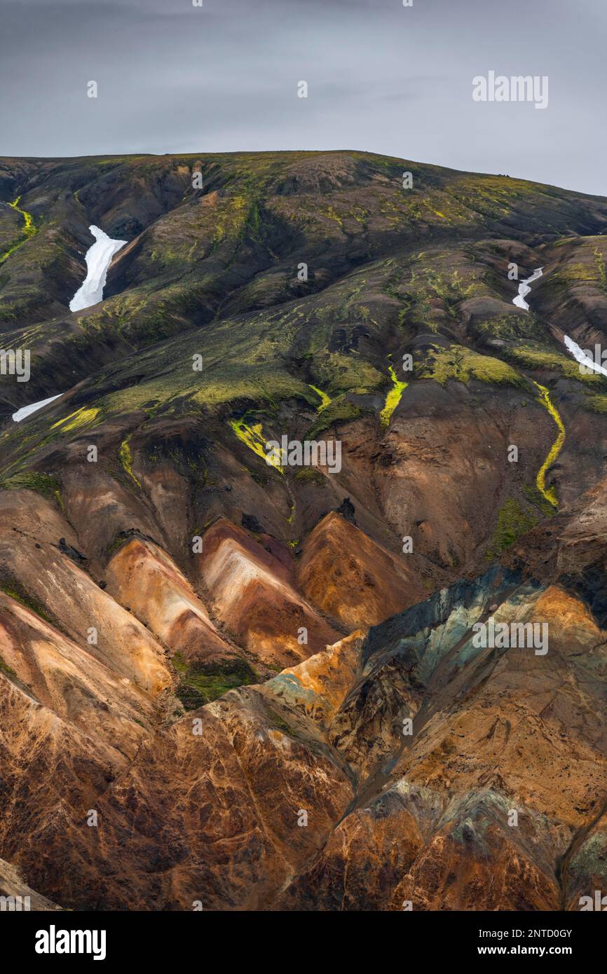 Colourful moss-covered rhyolite mountains, volcanic landscape, erosion ...