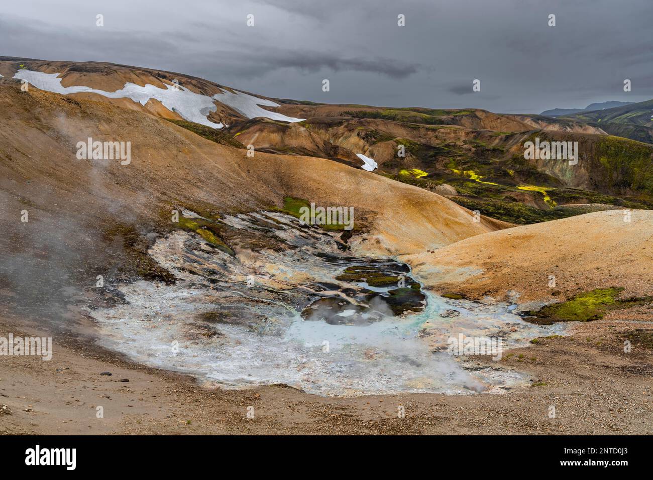 Steaming hot spring, colourful rhyolite mountains, volcanic landscape ...
