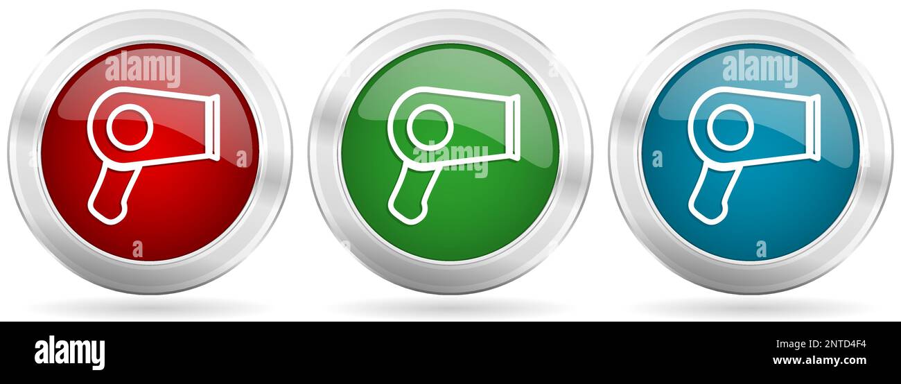Hair dryer, beauty salon vector icon set. Red, blue and green silver ...