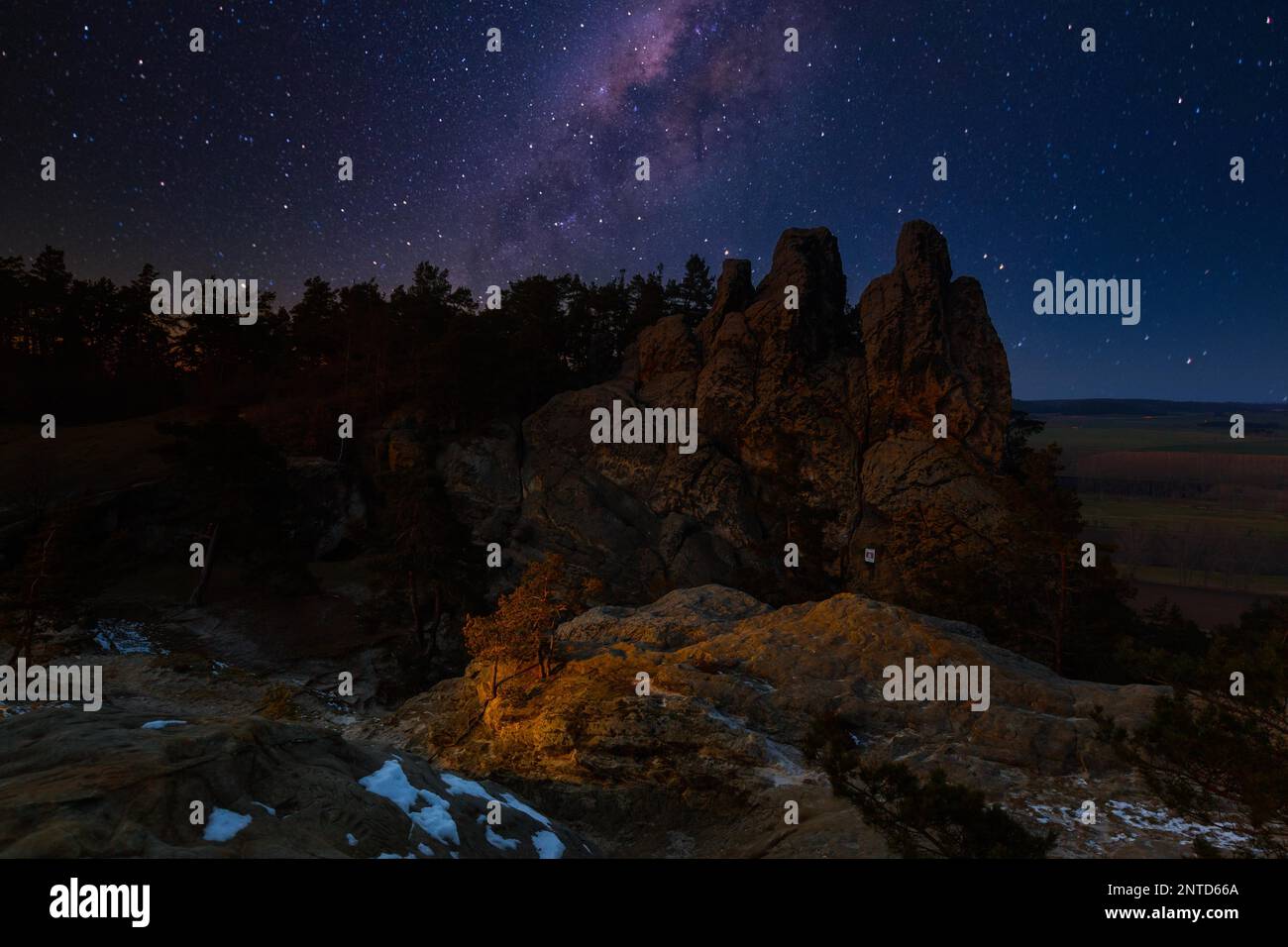 Night shot of the Devil's Wall Hamburg Coat of Arms in the Harz ...