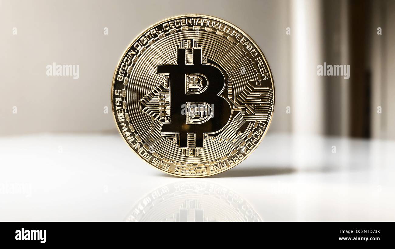 bitcoin cryptocurrency concept, physical copper coin in 16:9 banner or ...