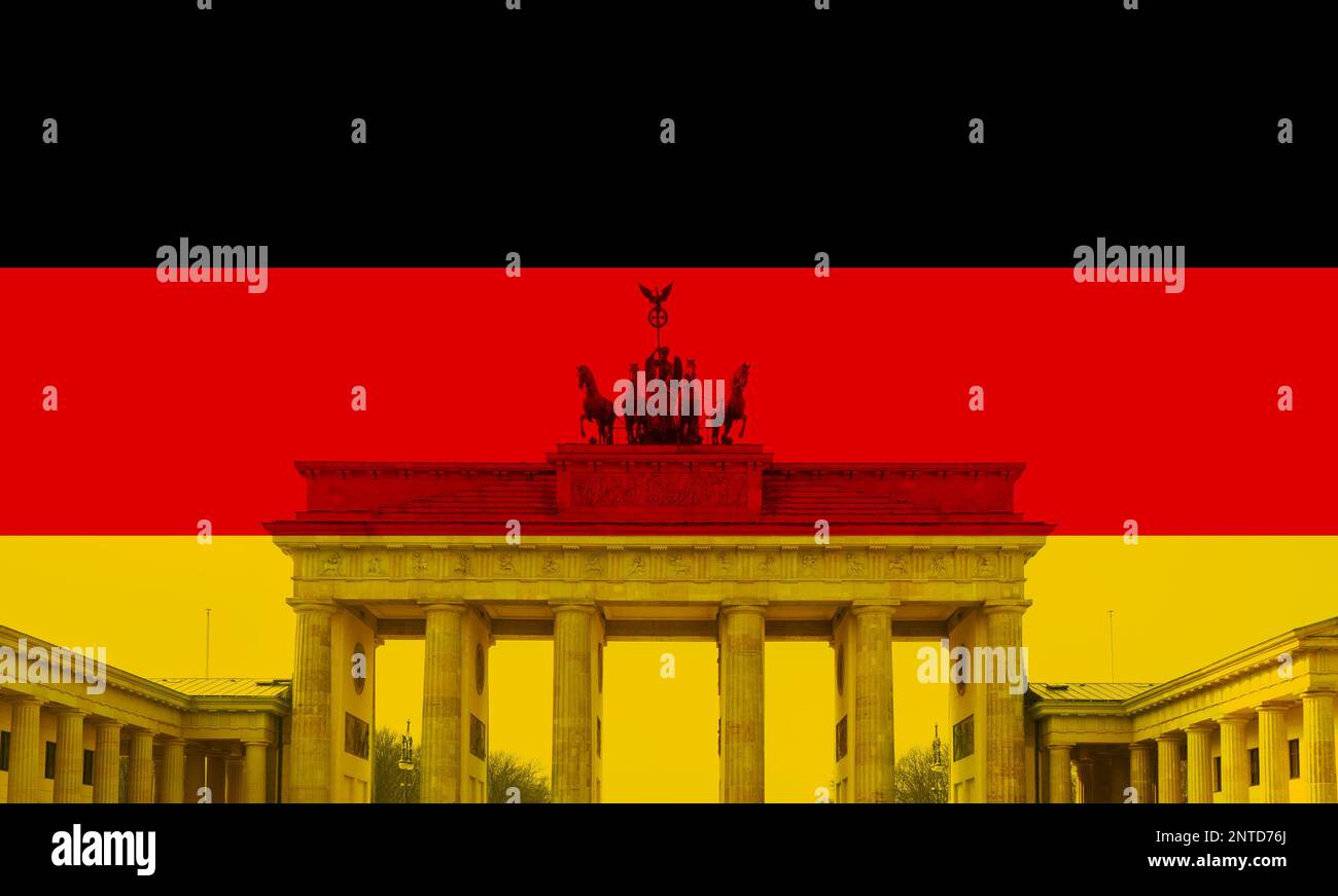 flag of Germany with superimposed Berlin landmark Brandenburg Gate Stock Photo - Alamy