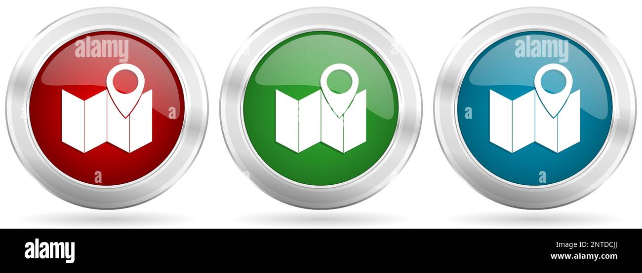 Marker, map, location and travel vector icon set. Red, blue and green ...