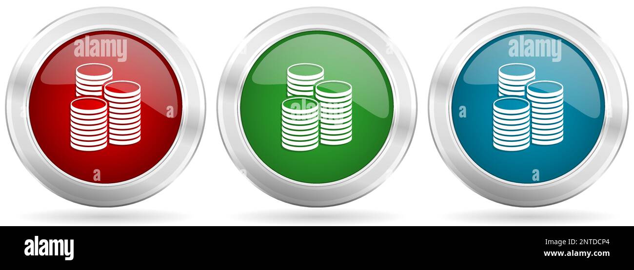 Money, business and finance vector icon set. Red, blue and green silver ...