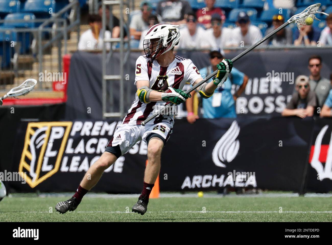 FOXBOROUGH, MA - JUNE 02: Redwoods LC defense Brian Karalunas (25) eyes ...
