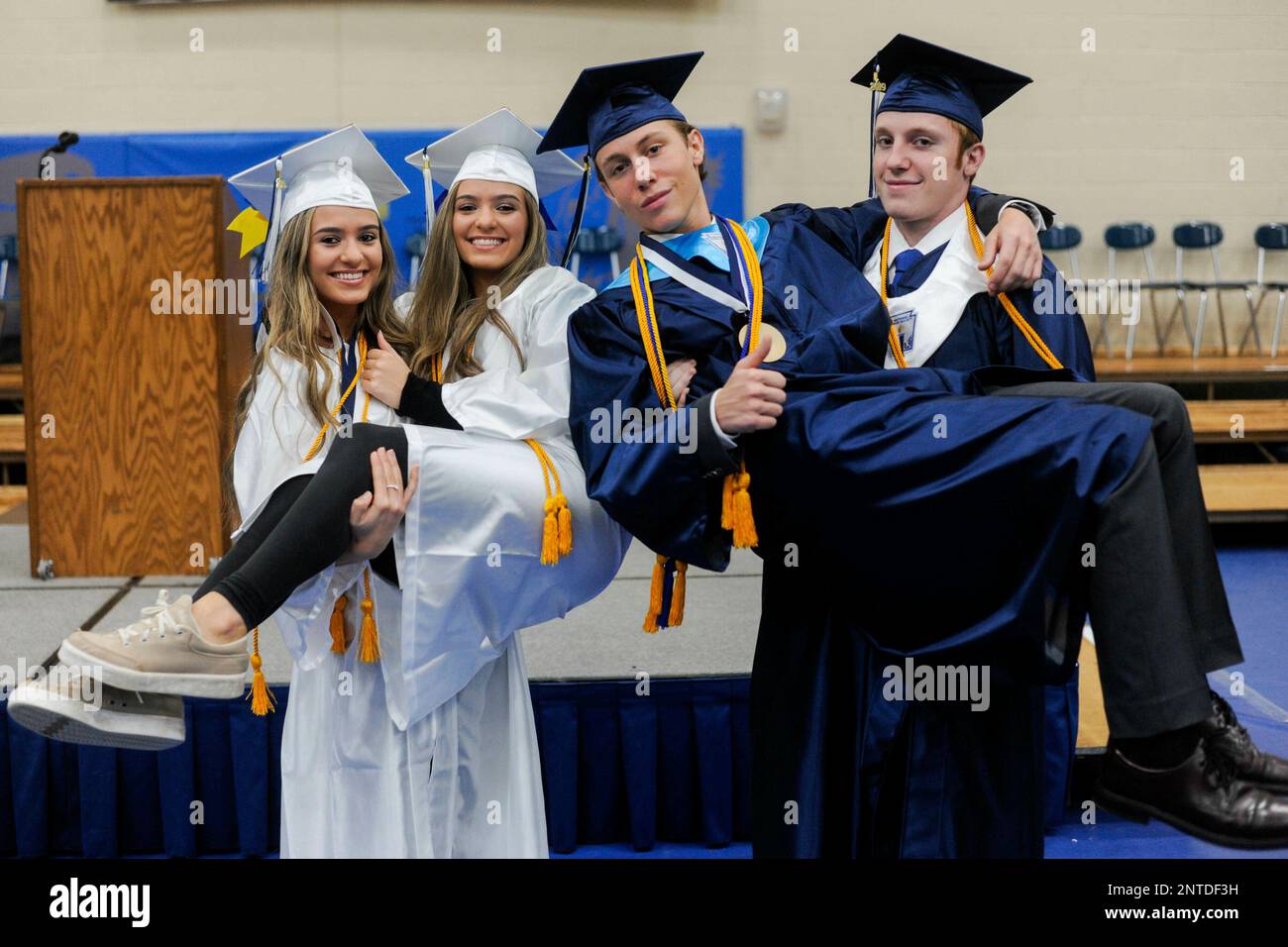 In this Friday, May 31, 2019 photo, identical twins Kayla and Maria ...