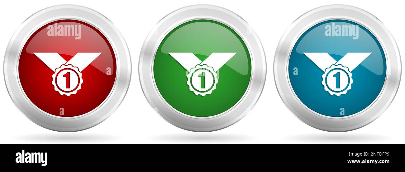 Badge, winner, first, award vector icon set. Red, blue and green silver ...