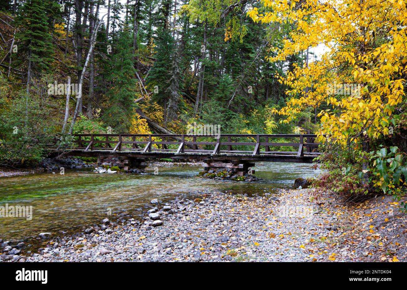 Beautiful, beckoning wooden bridge at remote Kintla Lake in northwest ...