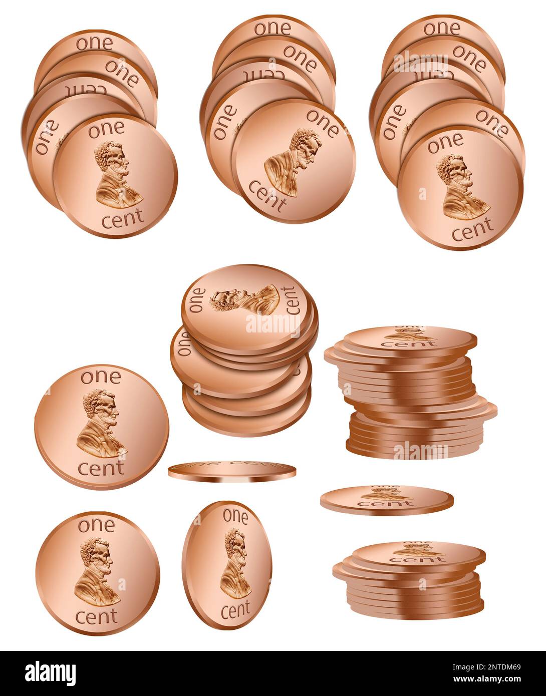 USA pennies are seen in various ways in this 3-d illustration Stock ...